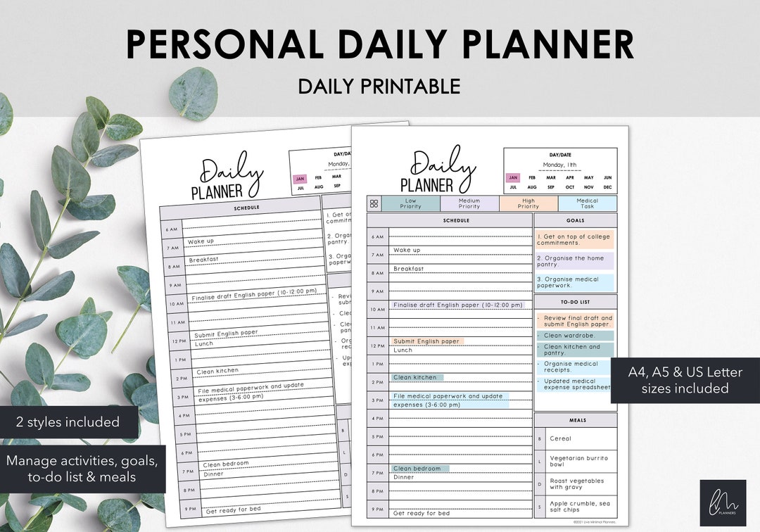 Daily Planner Printable | Personal Daily Planner | Productivity Tracker ...