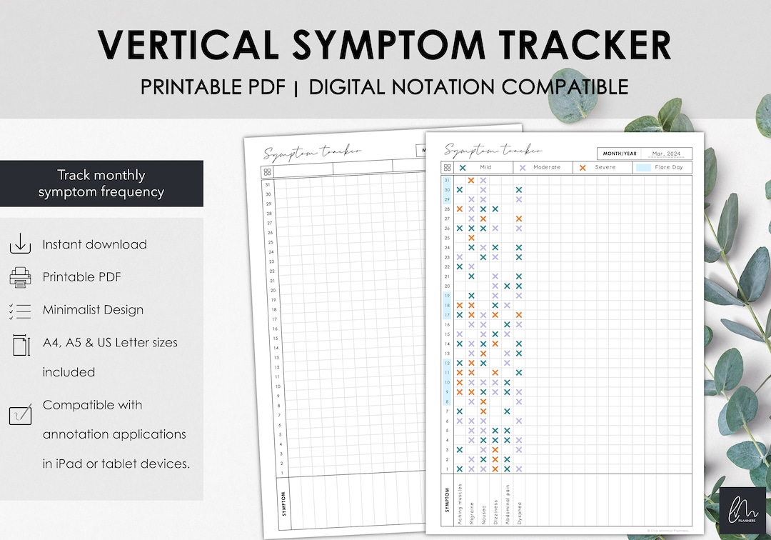 Printable Vertical Health and Symptom Tracker, Chart Daily Symptom ...