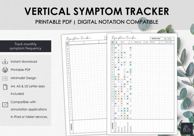 Printable Vertical Health and Symptom Tracker, Chart Daily Symptom ...