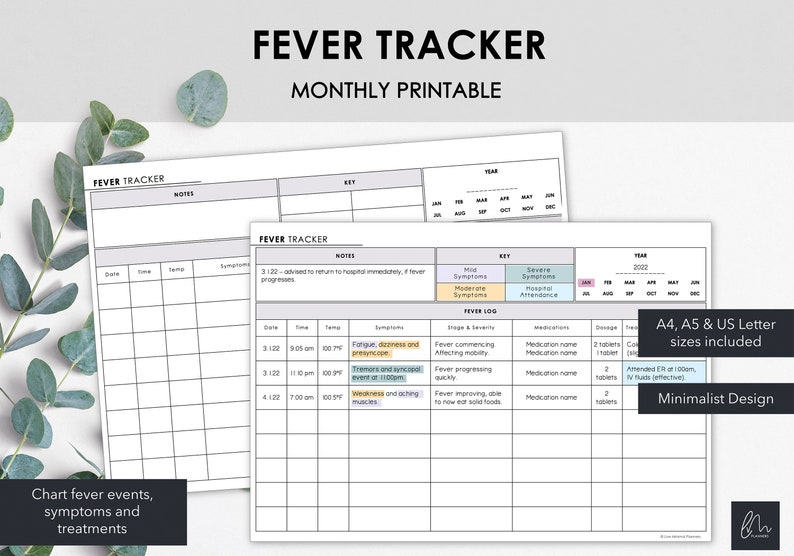 Fever Tracker Printable Chart to Log Fever Symptoms Severity ...
