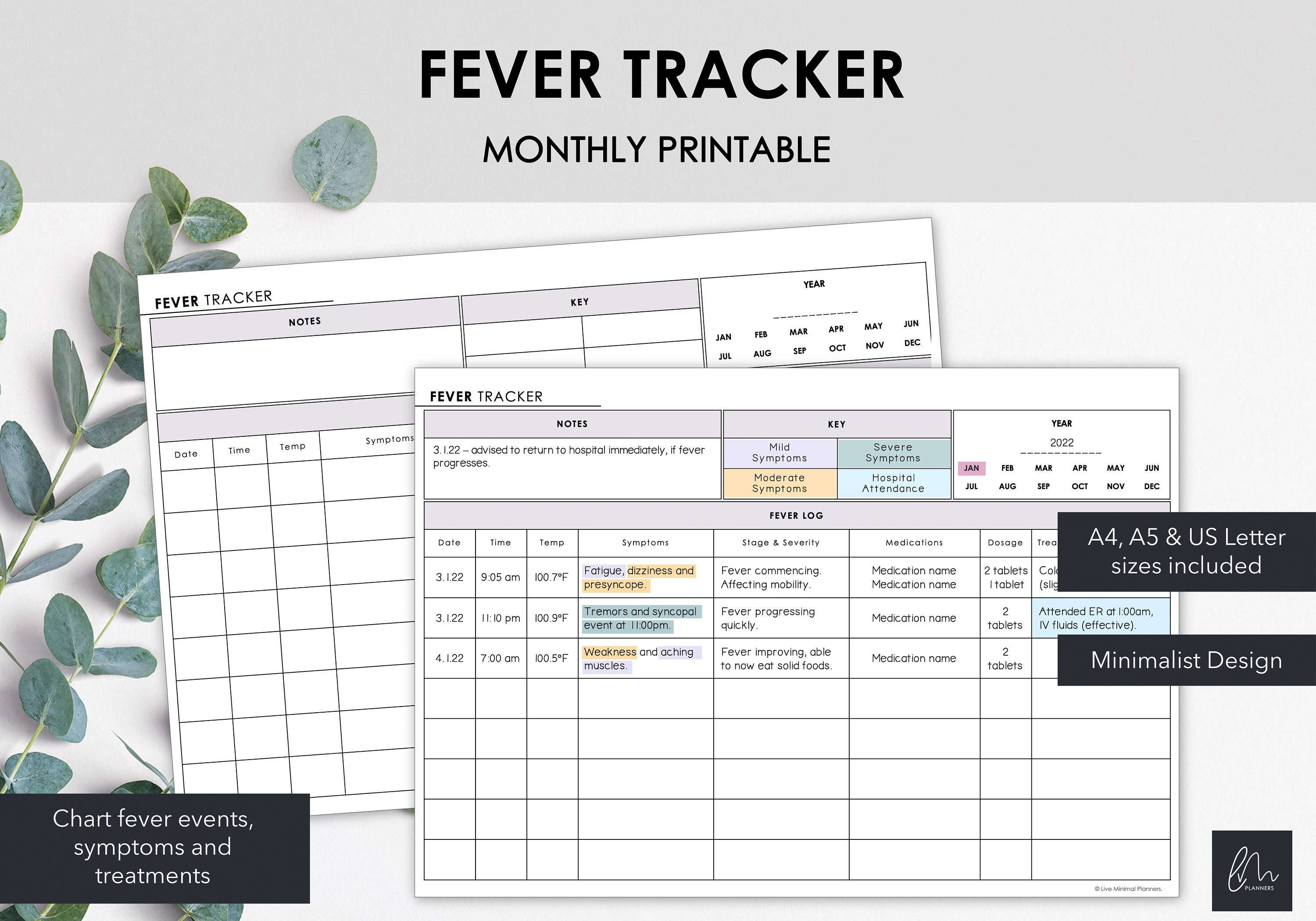 Fever Tracker Printable Chart to Log Fever Symptoms Severity ...