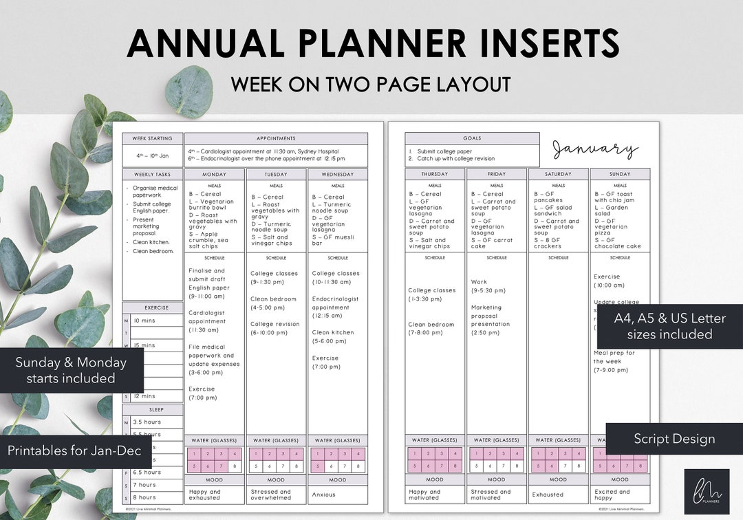 Printable Annual Planner Inserts | Week on Two Page Layout With Sunday ...