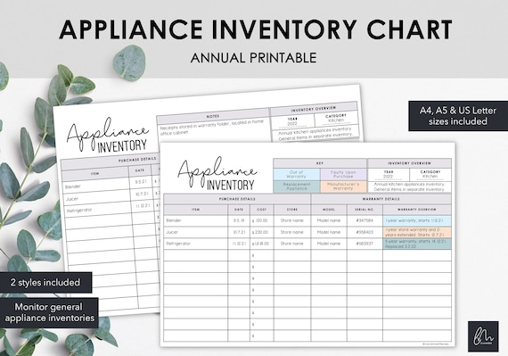 Appliance Inventory Charts List Appliance Items in a | Etsy