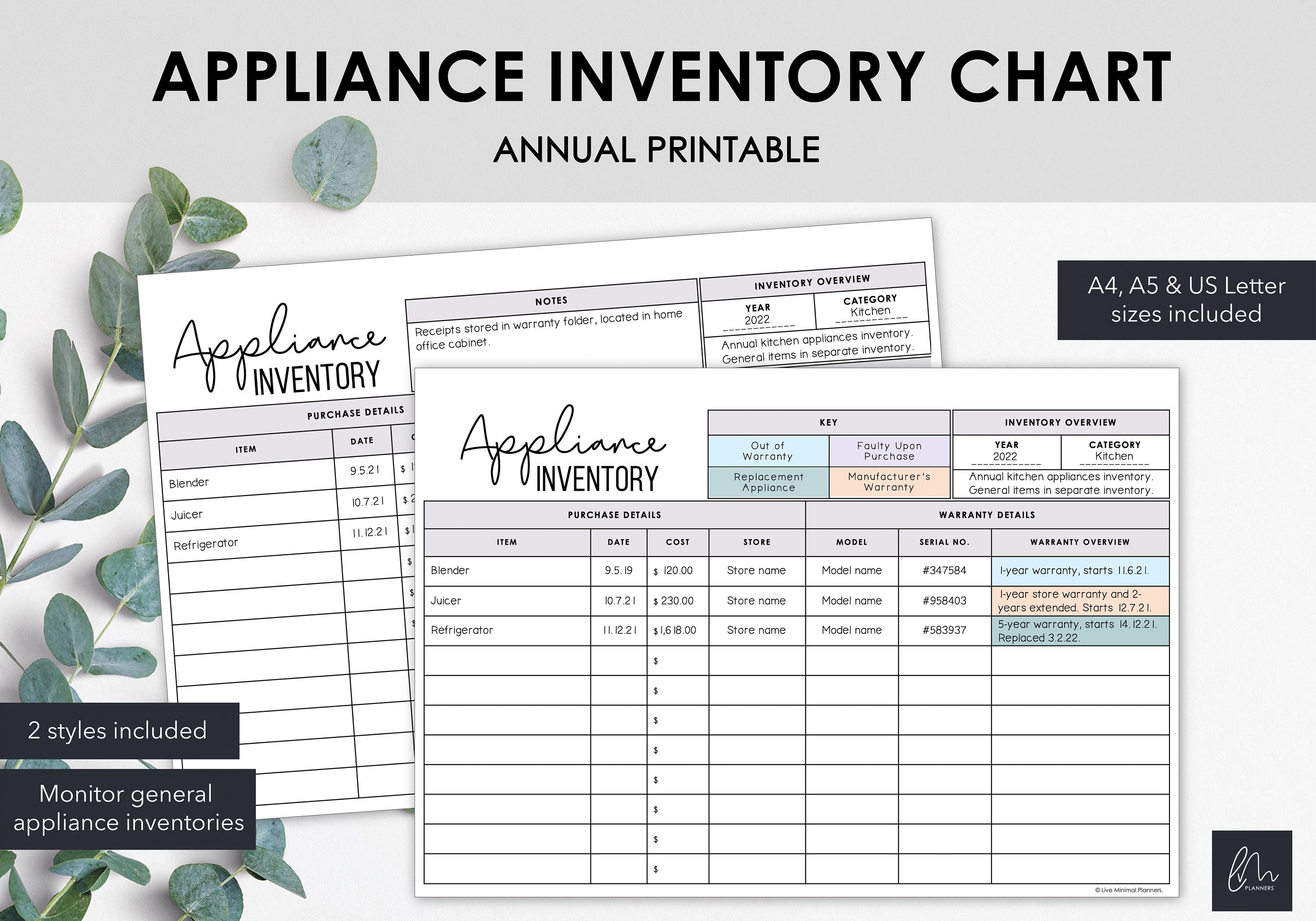 Appliance Inventory Charts List Appliance Items in a - Etsy