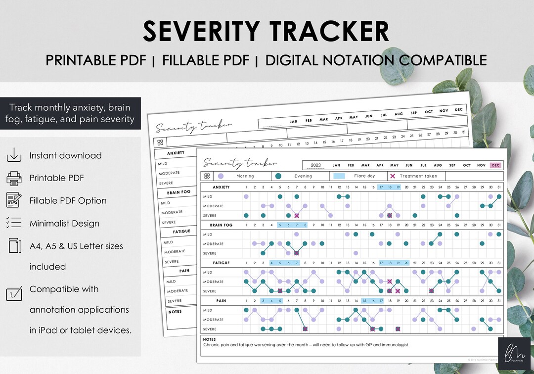 Printable and Fillable Monthly Severity Tracker to Chart Monthly Pain ...