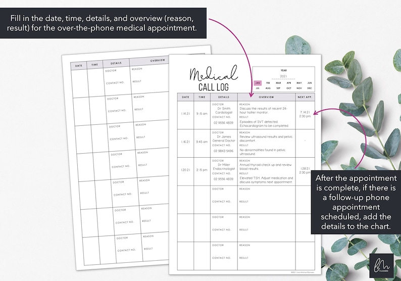 Medical Appointment Call Log | Chart Over the Phone Medical Appointment ...