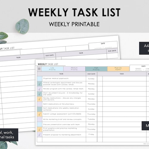 Printable Weekly Task List Manage Medical Personal College & - Etsy