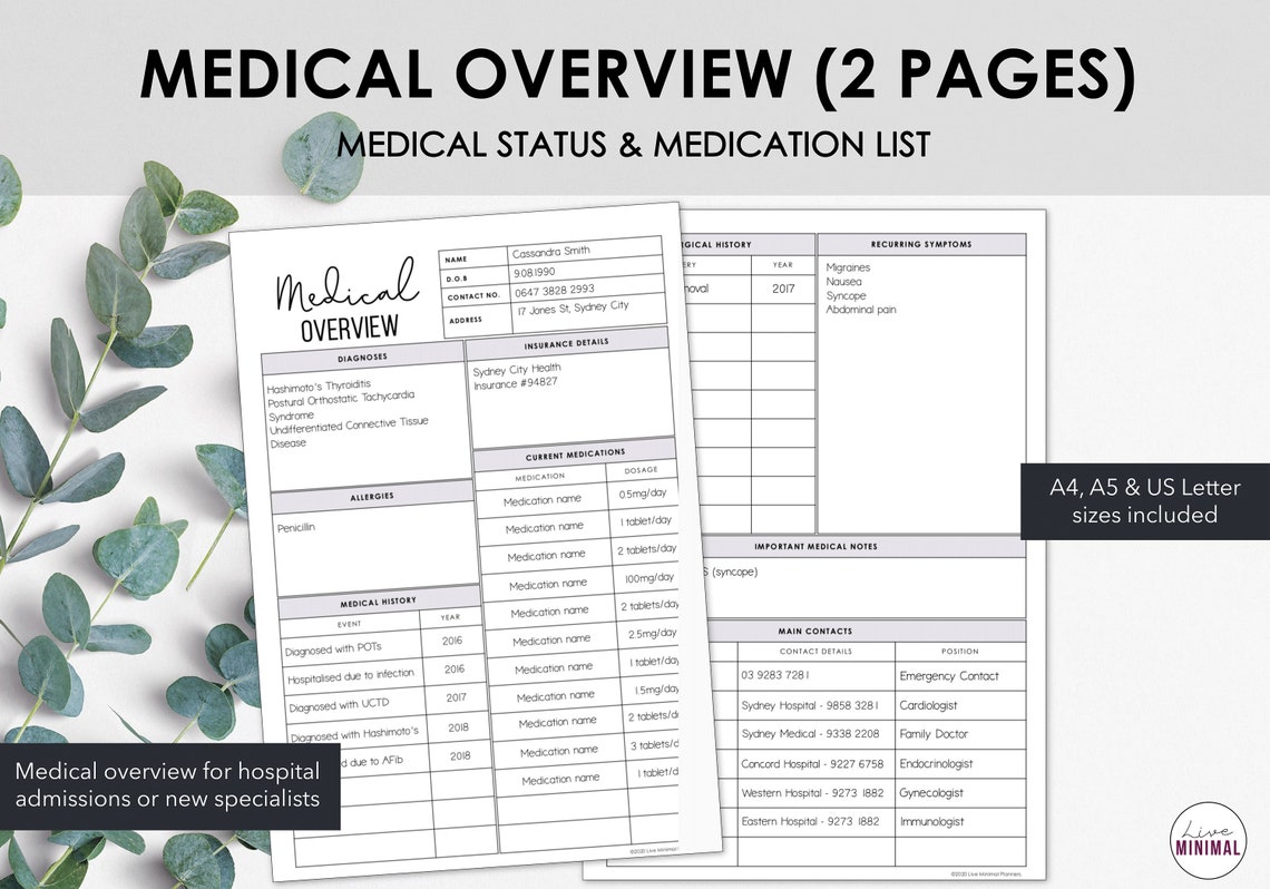 Medical Overview on Two Pages | Summary of Medical Details | Provide ...