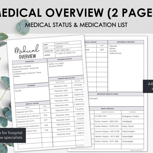 Medical Overview on Two Pages Summary of Medical Details | Etsy