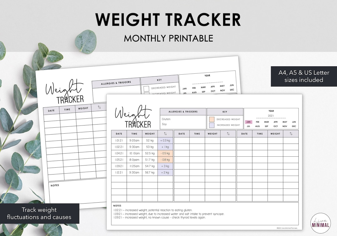 Printable Monthly Weight Tracker | Track Body Weight Changes and ...
