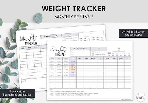 Printable Monthly Weight Tracker Track Body Weight Changes | Etsy