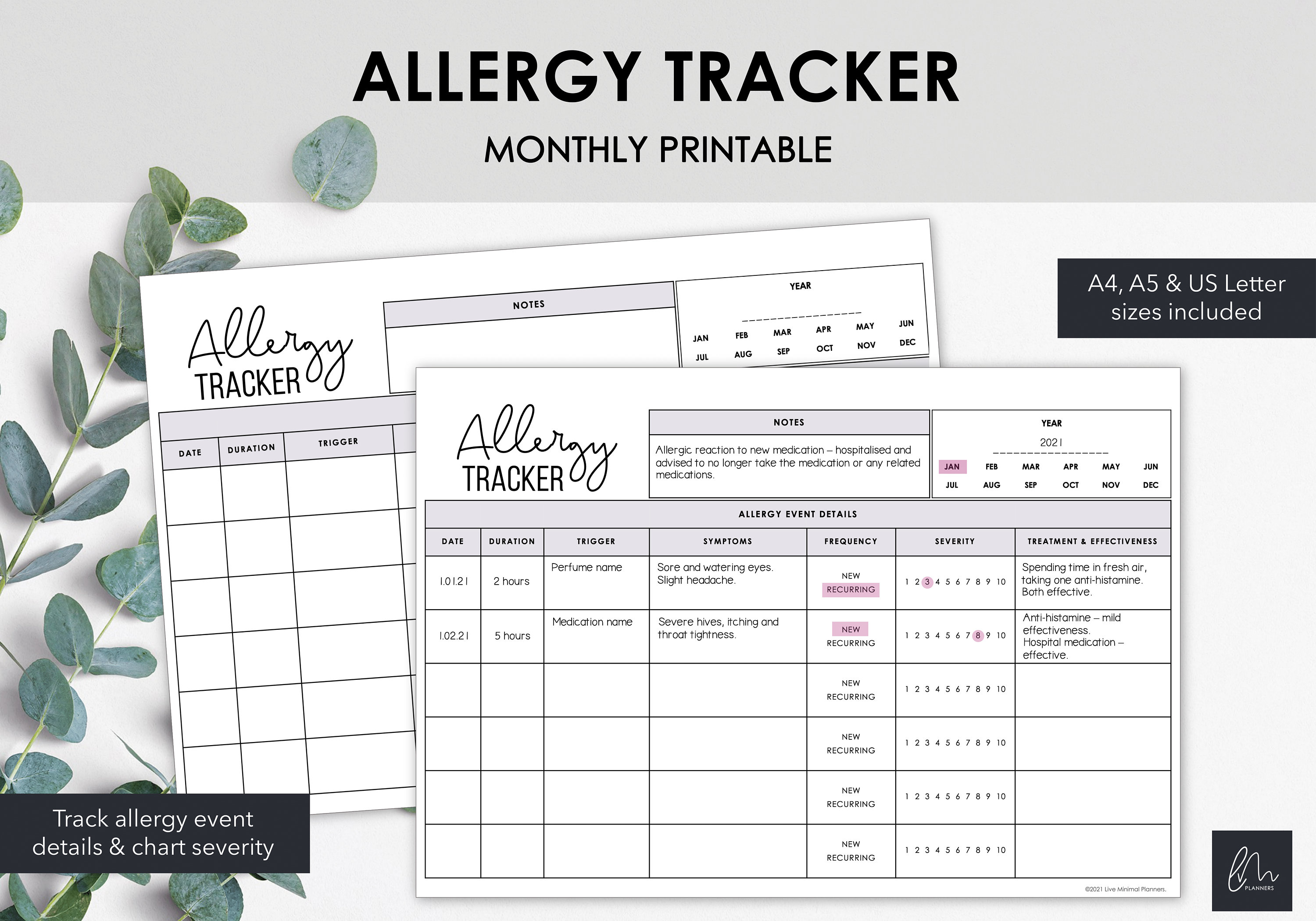 Printable Allergy Tracker | Chart Monthly Allergy Events Symptoms ...