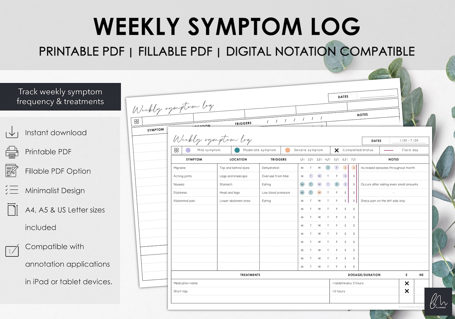 Printable and Fillable Weekly Symptom Tracker to Chart Weekly Symptom ...