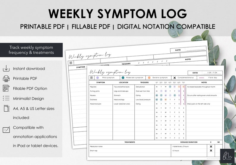 Printable and Fillable Weekly Symptom Tracker to Chart Weekly Symptom ...
