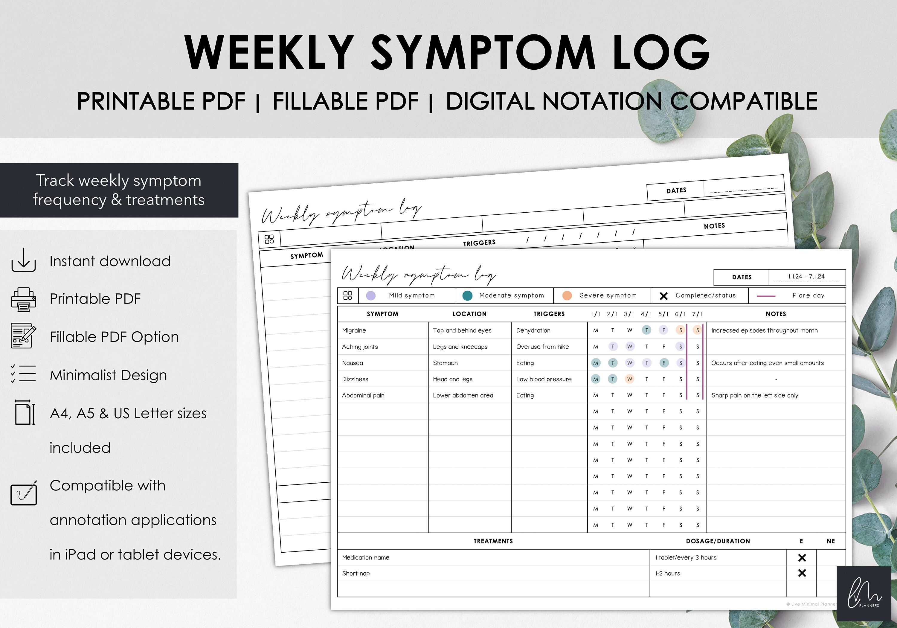 Printable and Fillable Weekly Symptom Tracker to Chart Weekly Symptom ...