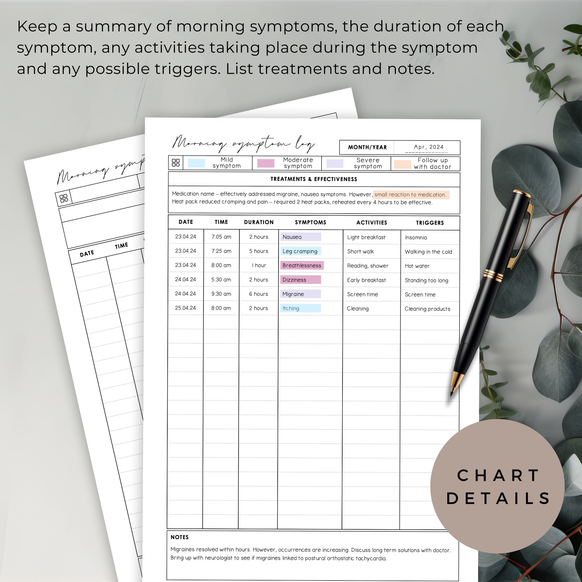Printable and Fillable Morning Symptom Journal to Chart Morning ...