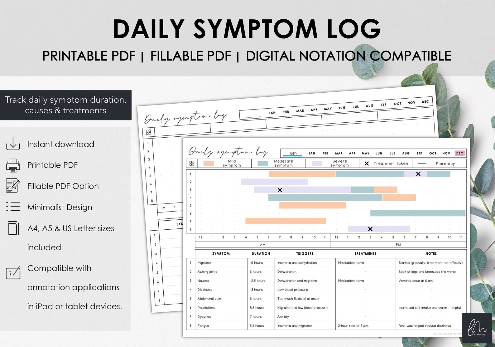 Printable and Fillable Daily Symptom Tracker to Chart Daily Symptom ...