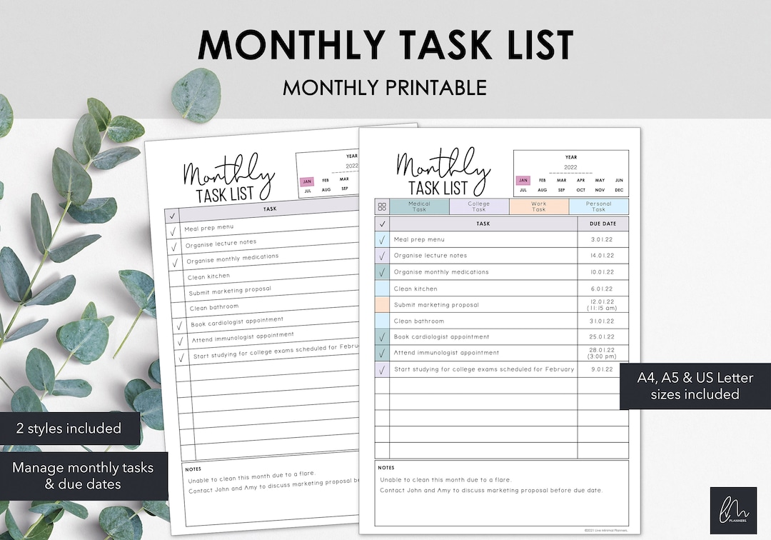 Printable Monthly Task List | Track Monthly Tasks & Productivity ...