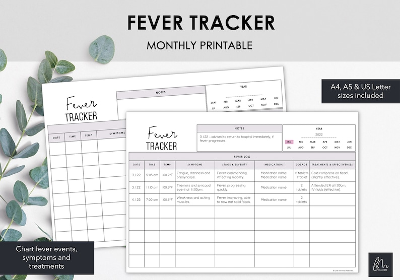 Fever Tracker | Printable Chart to Log Fever Symptoms Severity ...
