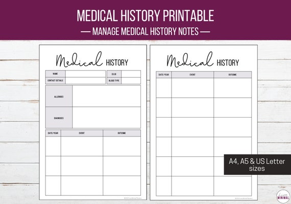 Medical History Chart Printable Health History Printable | Etsy