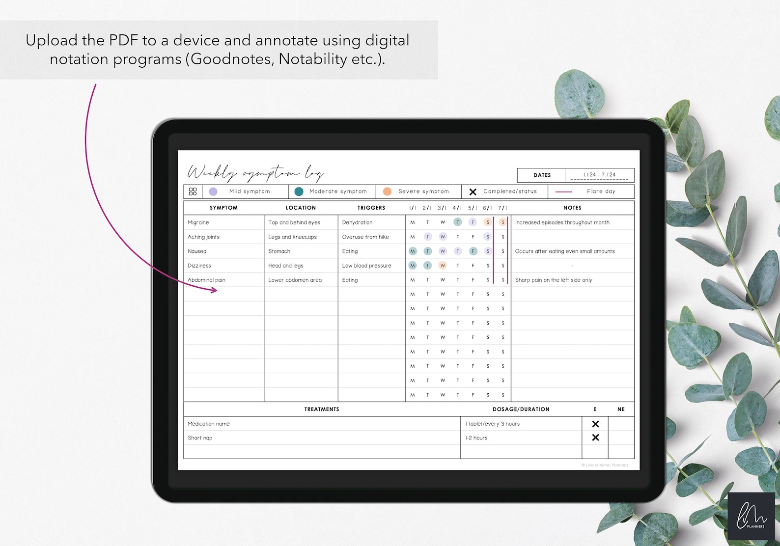 Printable and Fillable Weekly Symptom Tracker to Chart Weekly Symptom ...