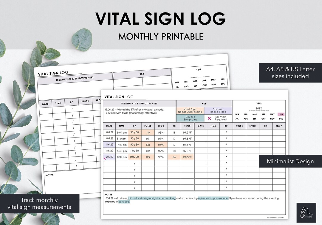Vital Sign Log | Chart Daily Vital Signs | Monitor Monthly Vital Signs ...