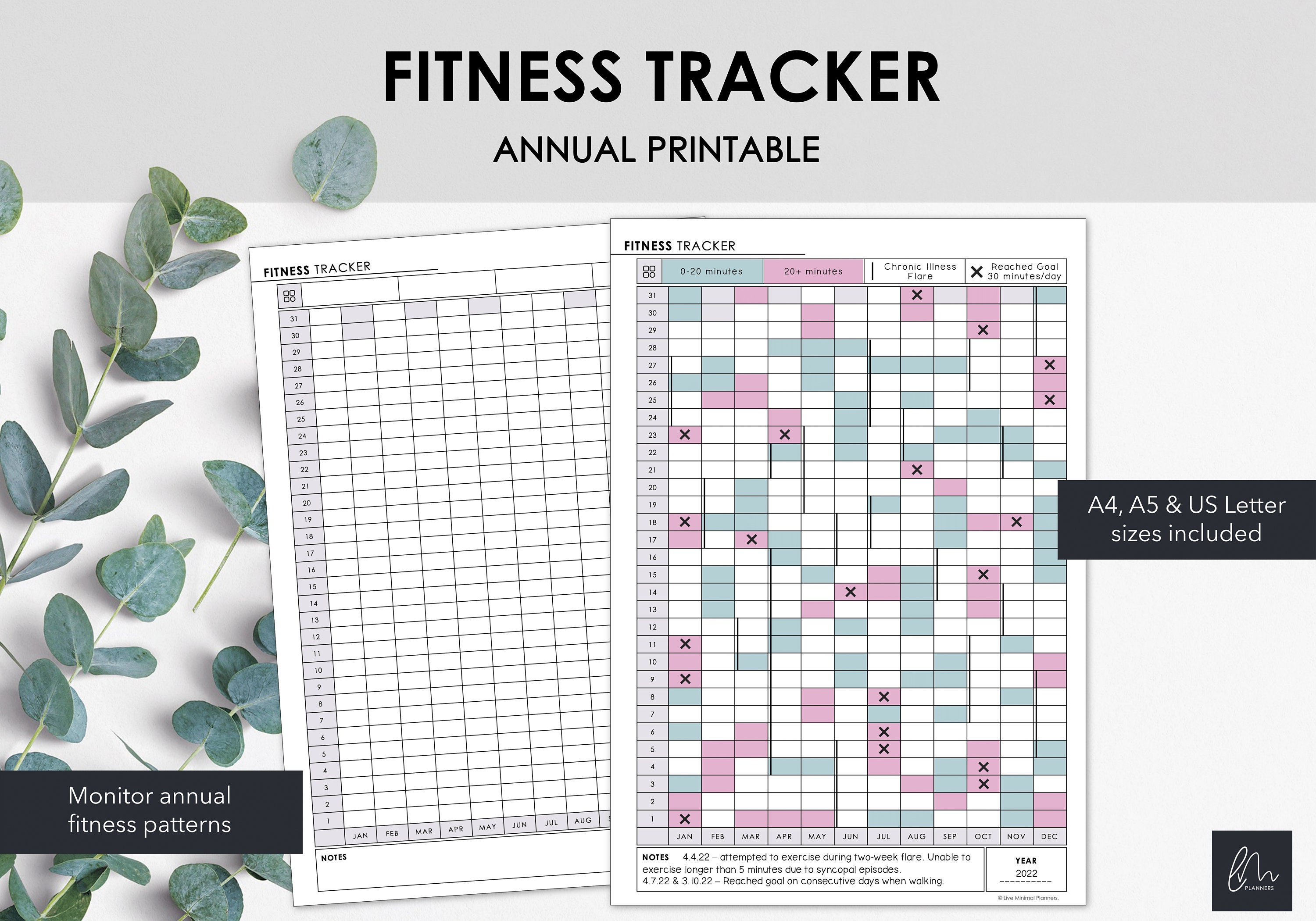 Annual Fitness Tracker Printable Log Exercise or Rehabilitation Goals ...