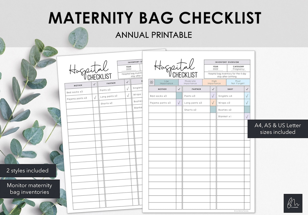 Maternity Bag Checklist | List Maternity Items in a Printable Inventory ...