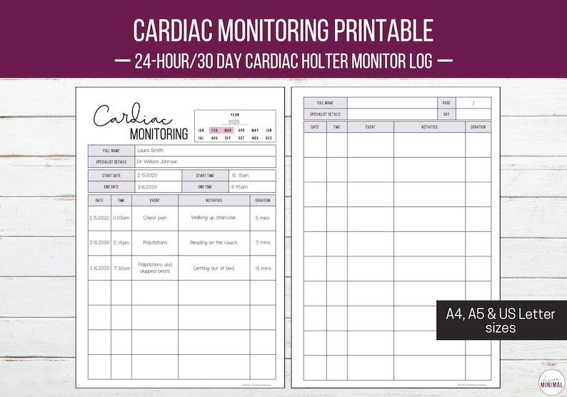 Cardiac Monitoring Log Printable 24-Hour Holter Monitor | Etsy