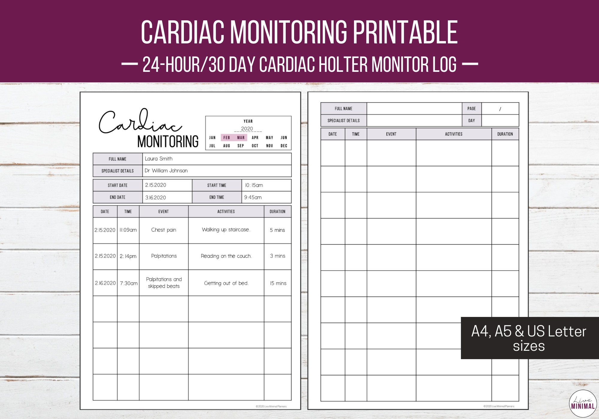Cardiac Monitoring Log Printable 24-Hour Holter Monitor | Etsy