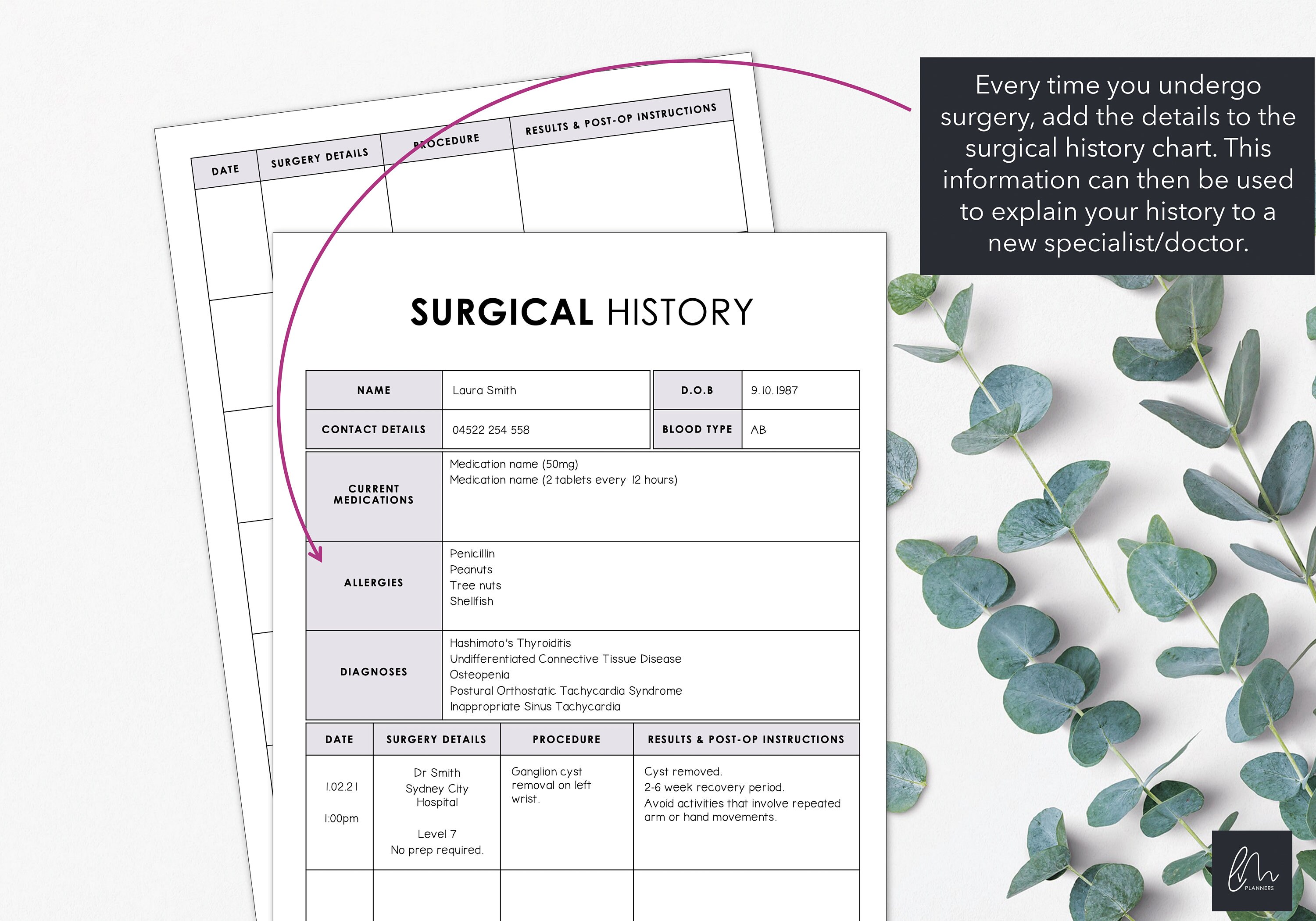 Surgical History Chart | Printable Chart to Manage Historical & Future ...