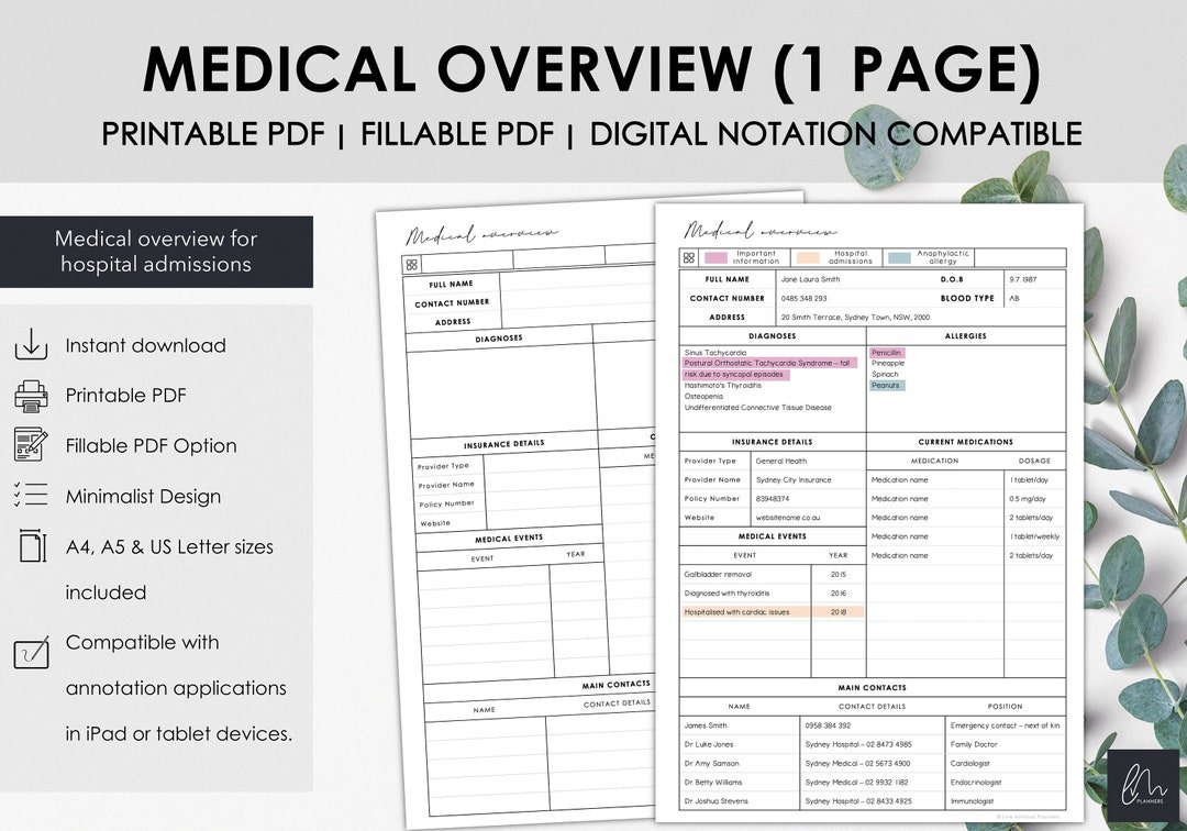 Printable and Fillable Medical Overview Template, Comprehensive Health ...