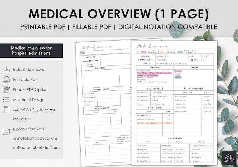 Printable and Fillable Medical Overview Template, Comprehensive Health ...