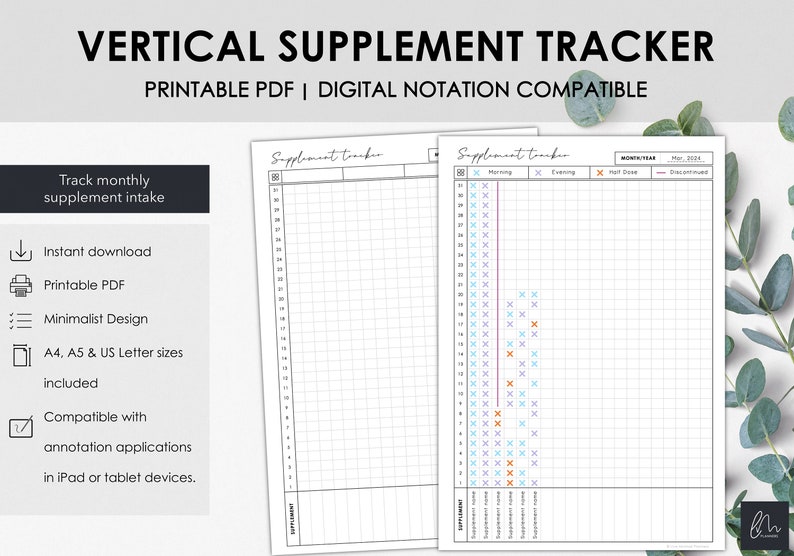 Printable Vertical Monthly Supplement Tracker to Chart Monthly Supplement Intake, Chronic ...
