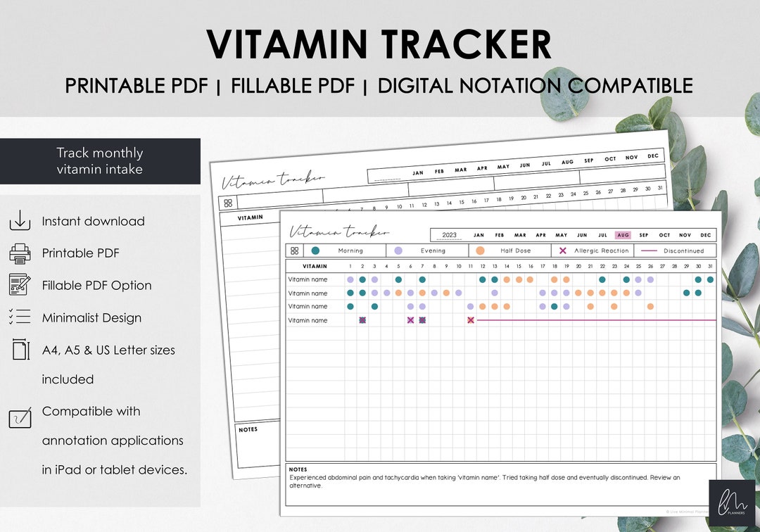 Printable and Fillable Monthly Vitamin Tracker | Chart & Manage Monthly ...