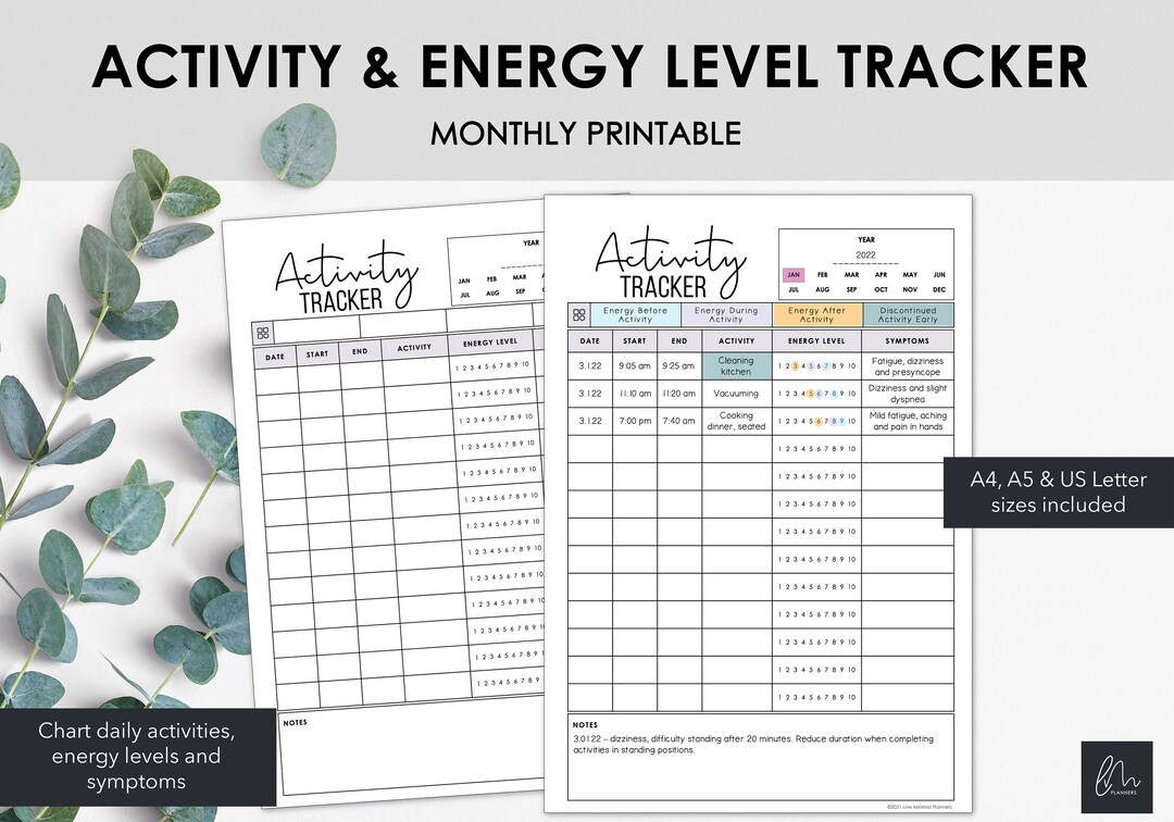 Activity & Energy Level Tracker | Chart Daily Weekly Monthly Activities ...