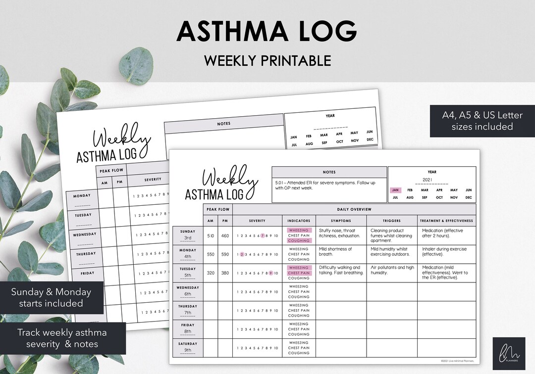 Printable Weekly Asthma Log | Chart Weekly Asthma Symptoms & Severity ...