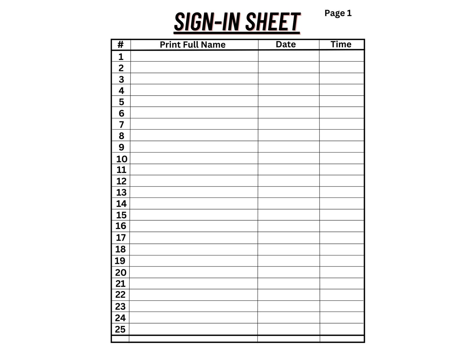 Printable Sign-in Sheet 25 Rows 8.5x11 Inches - Etsy