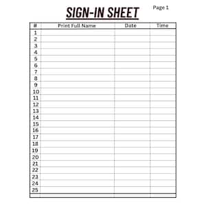 Printable Sign-in Sheet 25 Rows 8.5x11 Inches - Etsy