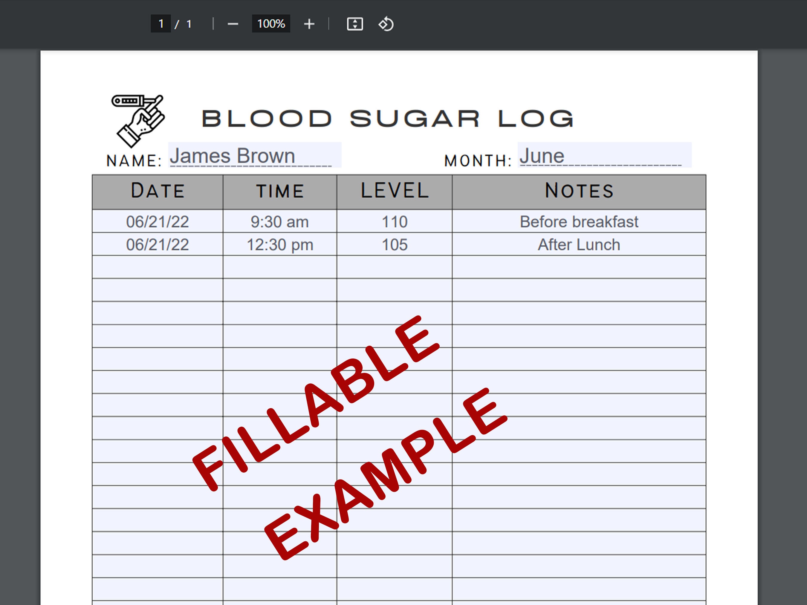 Printable and Fillable Blood Sugar Log Sheet - Etsy