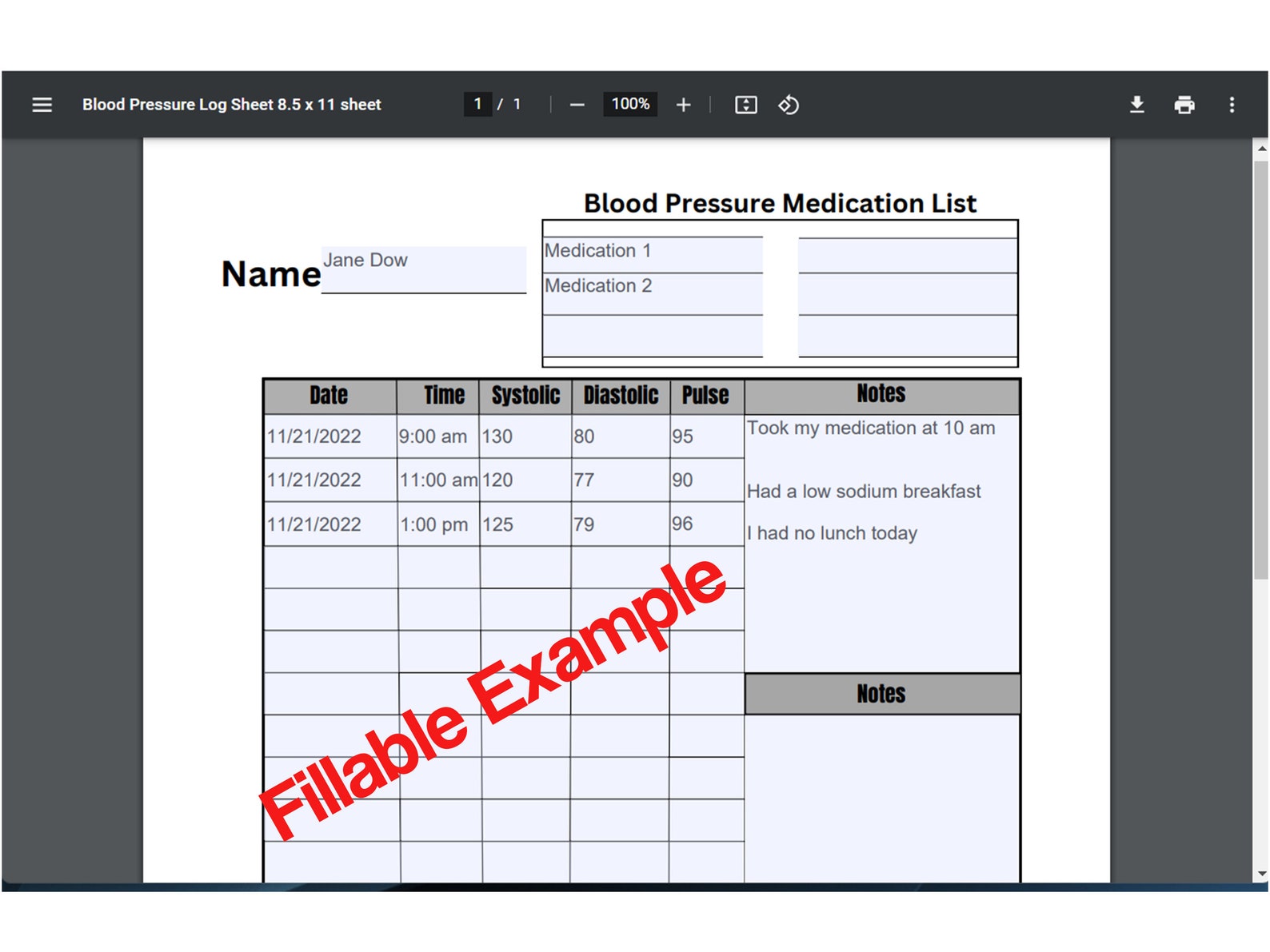 Printable and Fillable Blood Pressure Log Sheet - Etsy