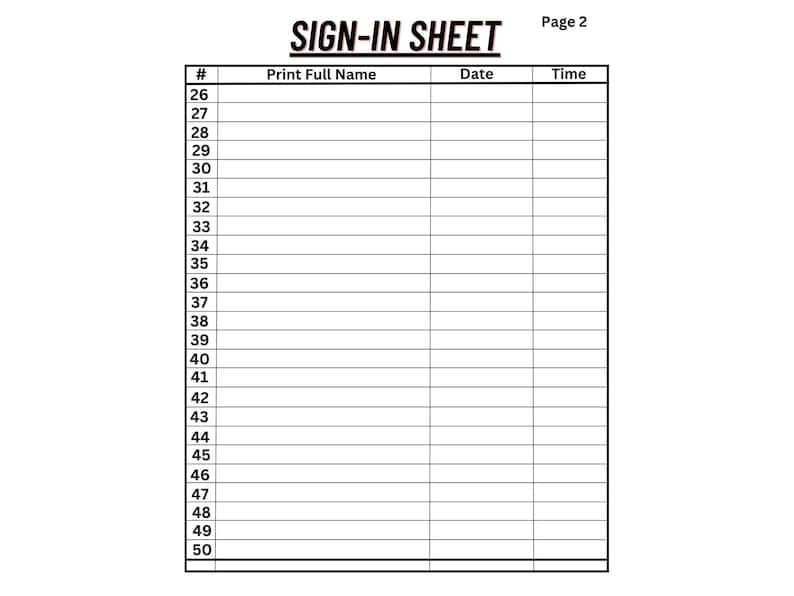 Printable Sign-in Sheet 25 Rows 8.5x11 Inches - Etsy