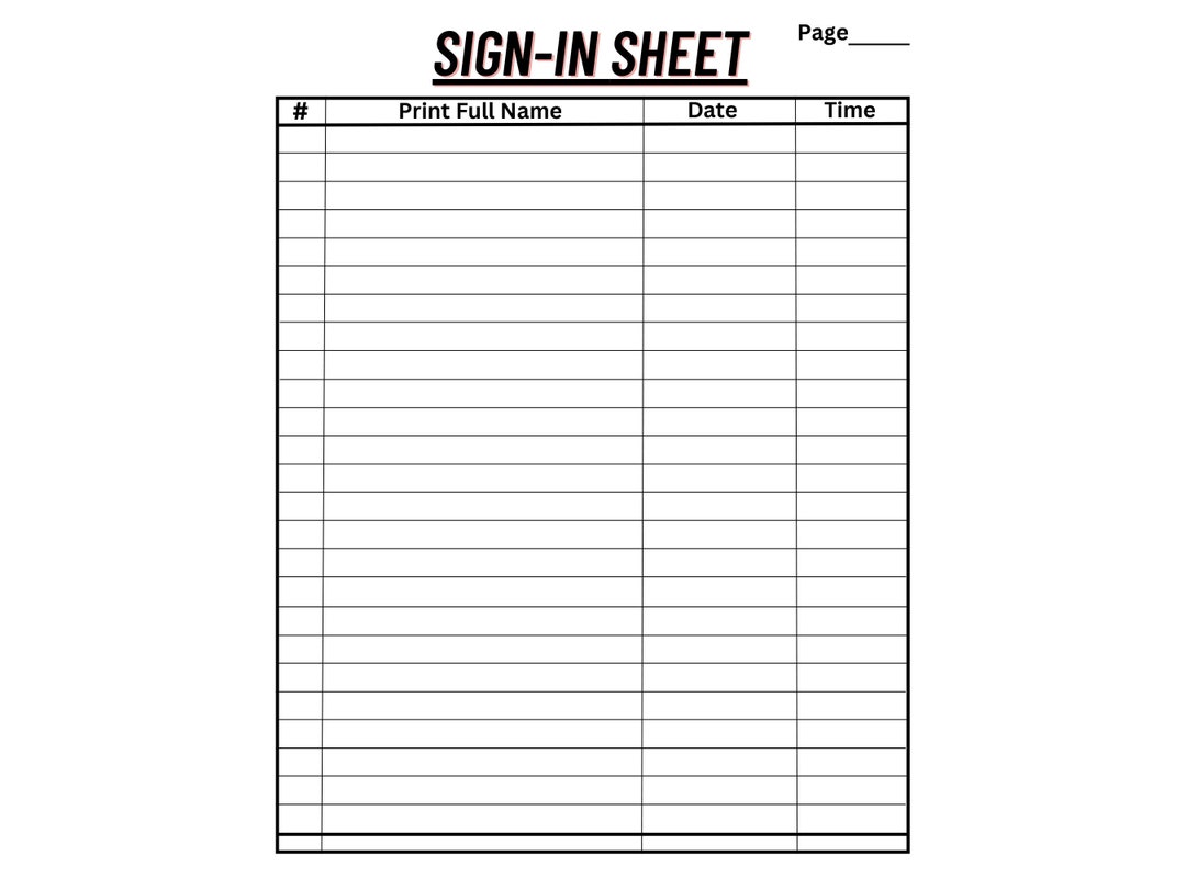 Printable Sign-in Sheet 25 Rows 8.5x11 Inches - Etsy