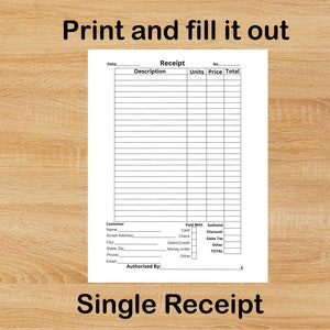 Printable Fillable Customer Receipt for Small Business - Etsy