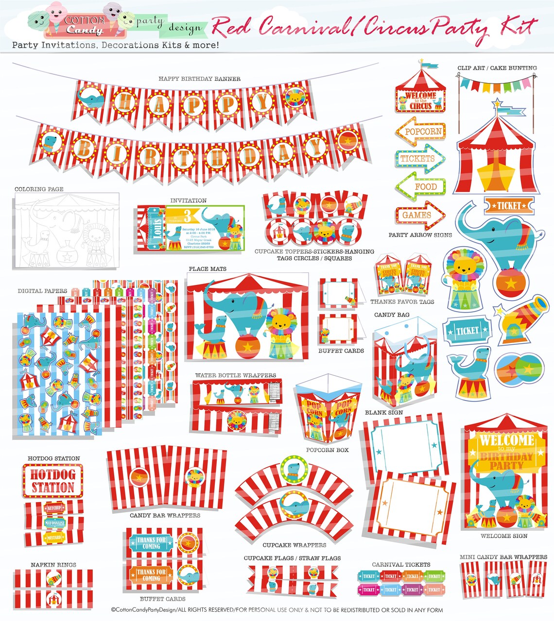 Red Carnival Party Kit, Carnival Birthday Party Package, Printable ...