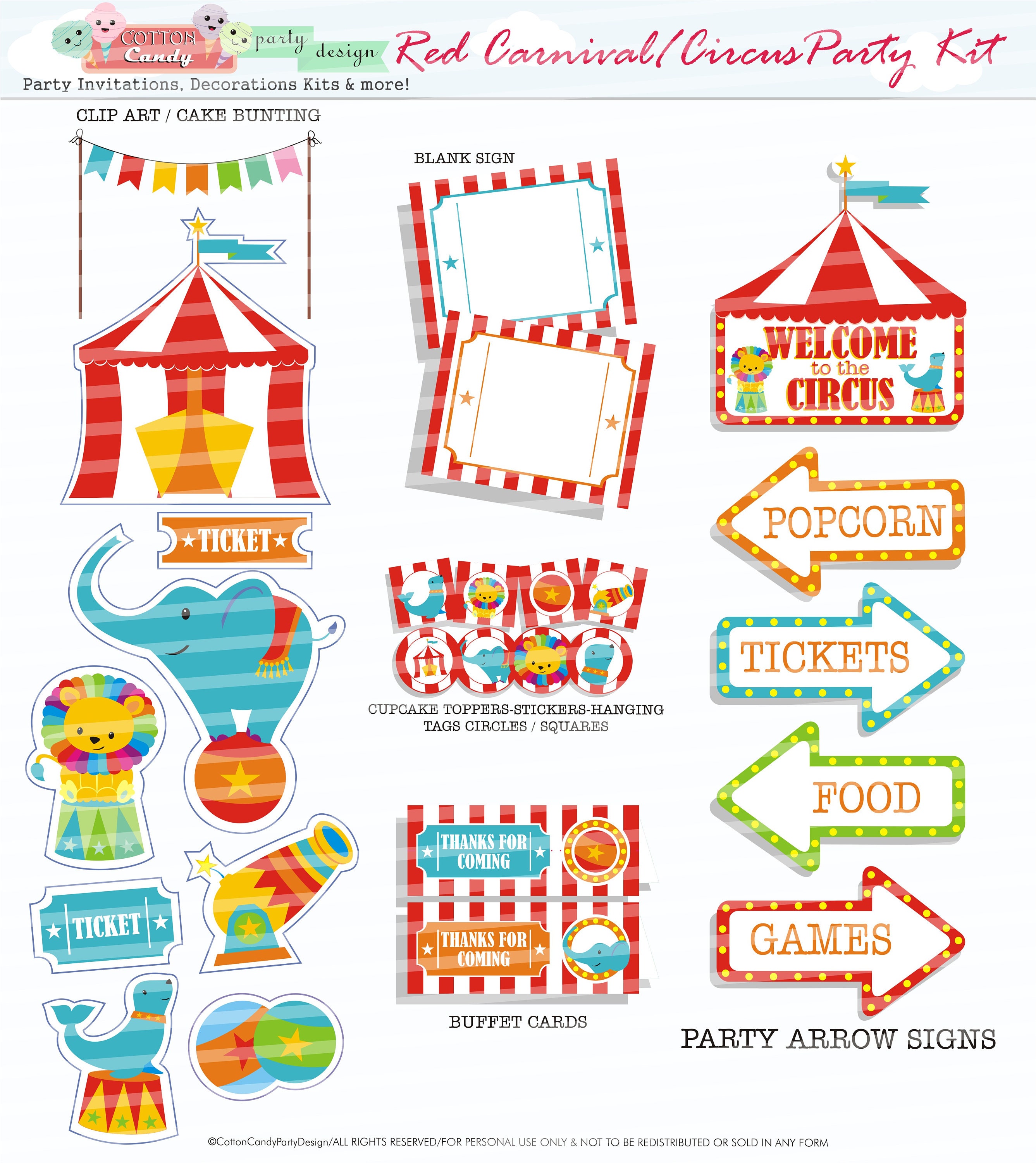 Red Carnival Party Kit, Carnival Birthday Party Package, Printable ...