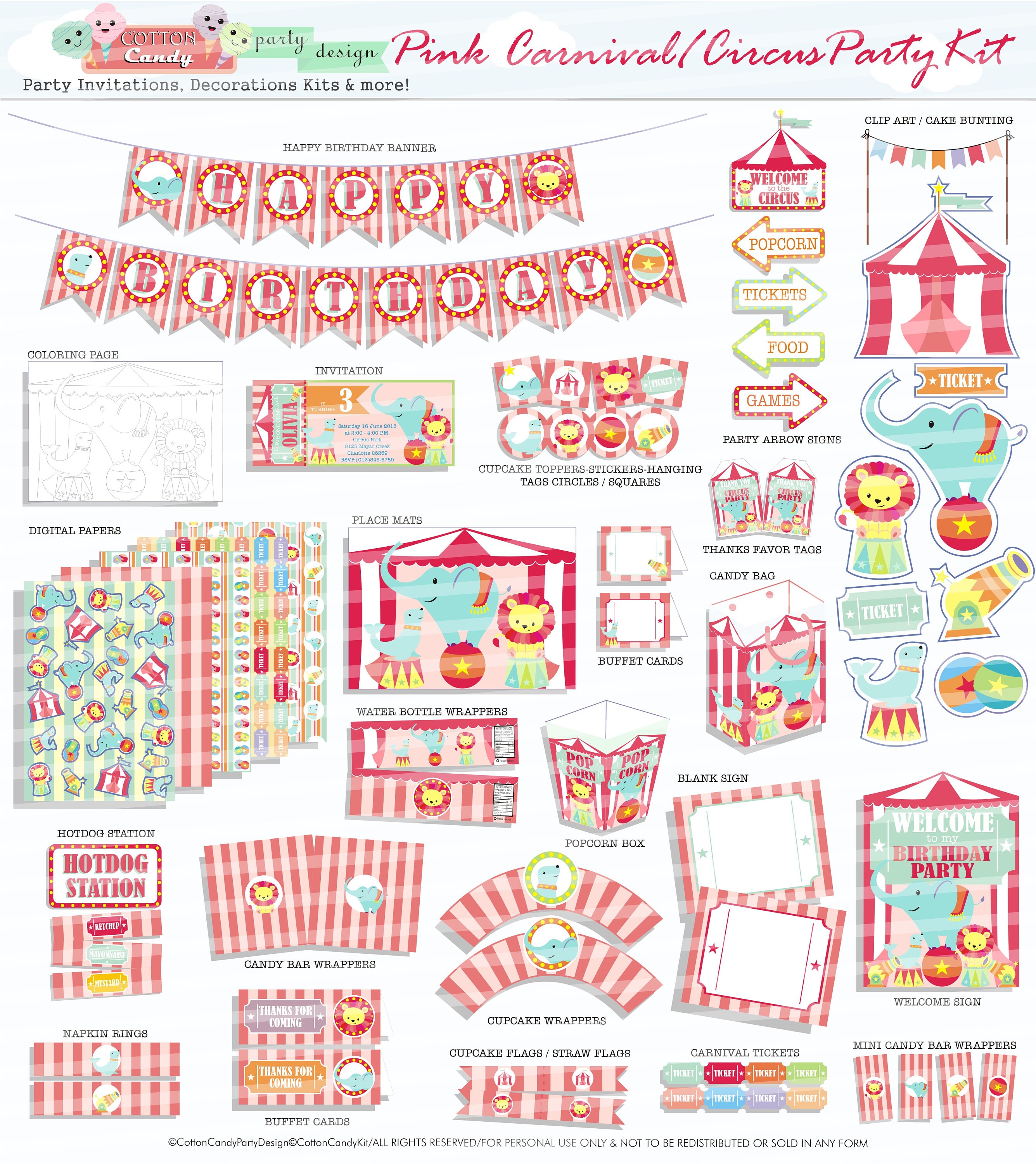 Pink Carnival Party Kit, Carnival Birthday Party Package, Printable ...