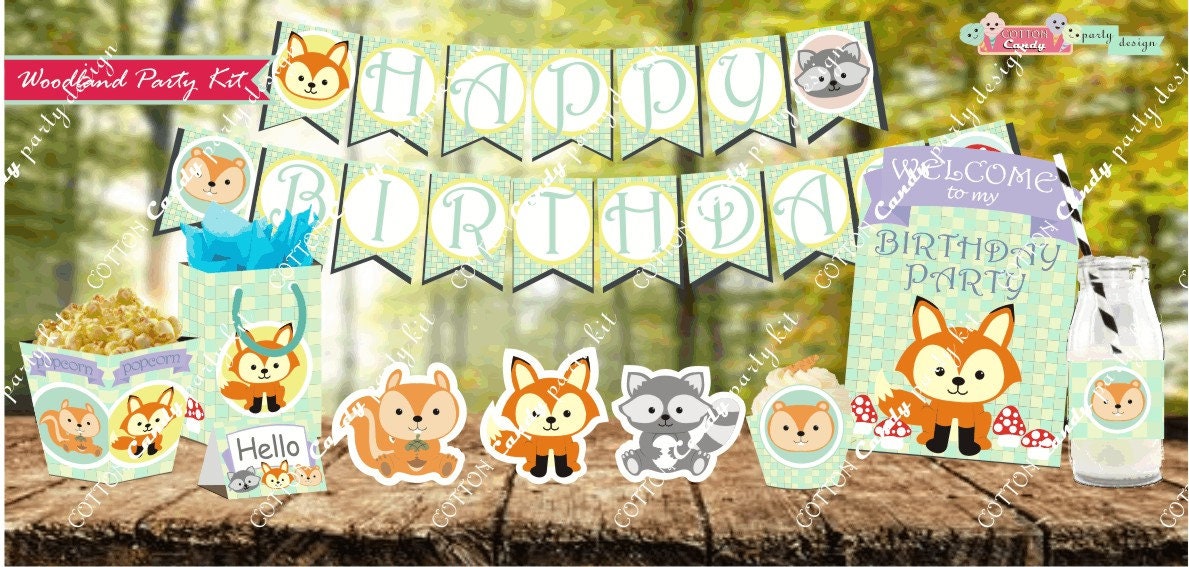 Woodland Party Printable Decor Kit Fox Raccoon Forest Animals Birthday ...