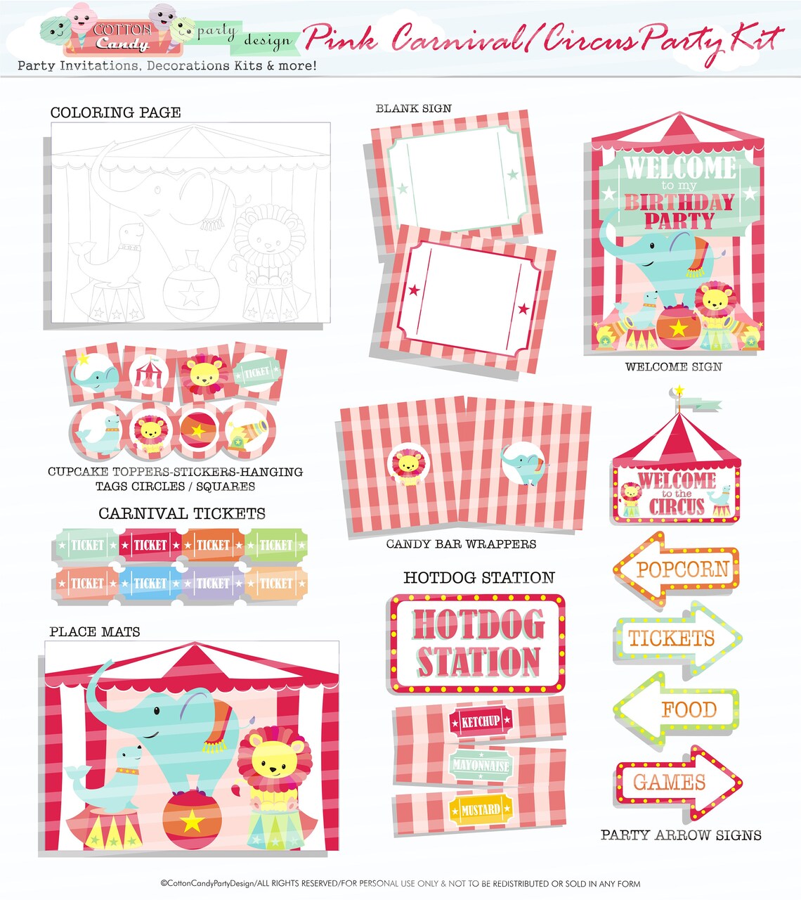 Pink Carnival Party Kit, Carnival Birthday Party Package, Printable ...