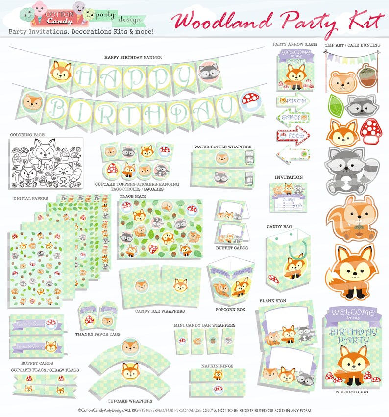 Woodland Party Printable Decor Kit Fox Raccoon Forest Animals Birthday ...